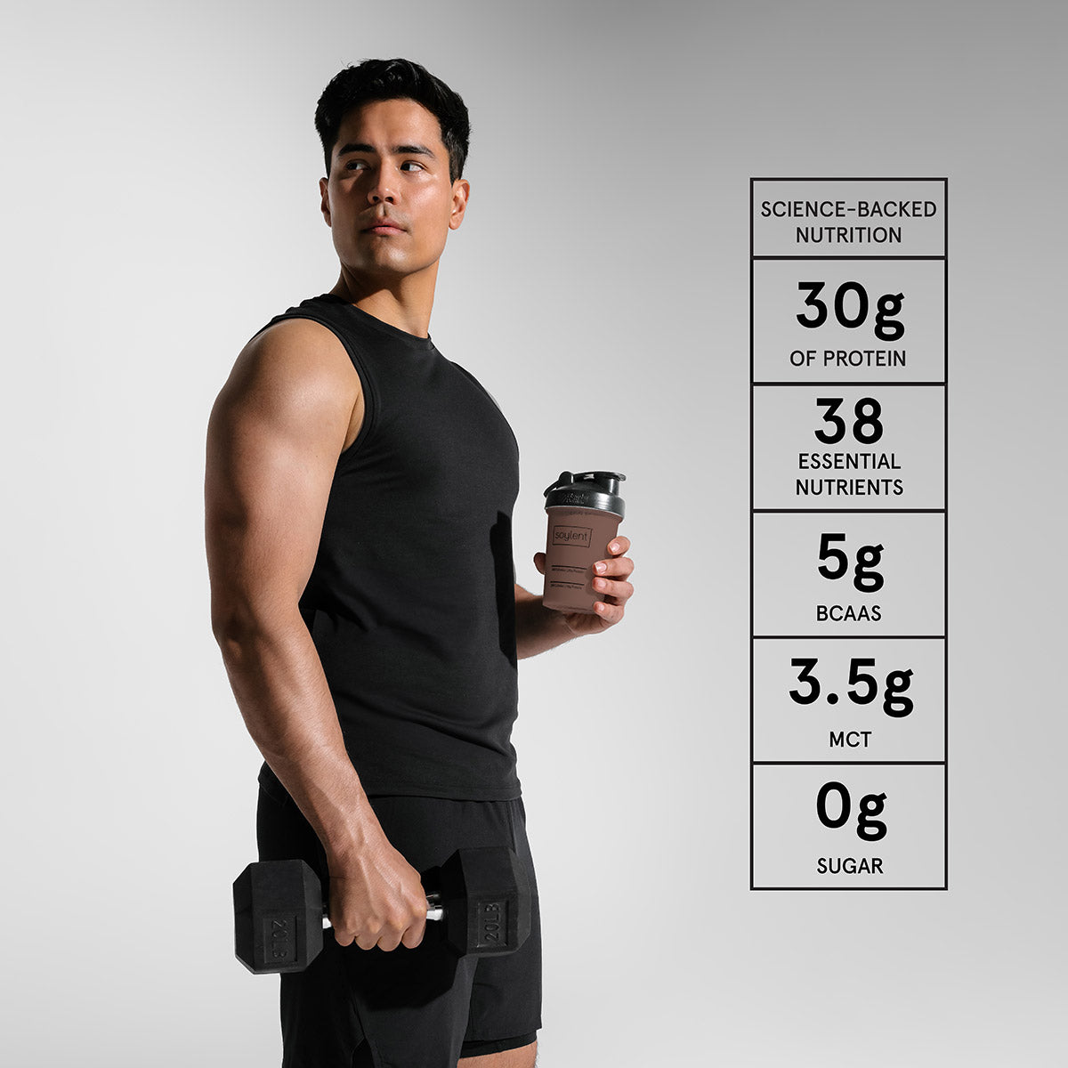 Man holding Soylent complete protein shake after workout displayed next ...